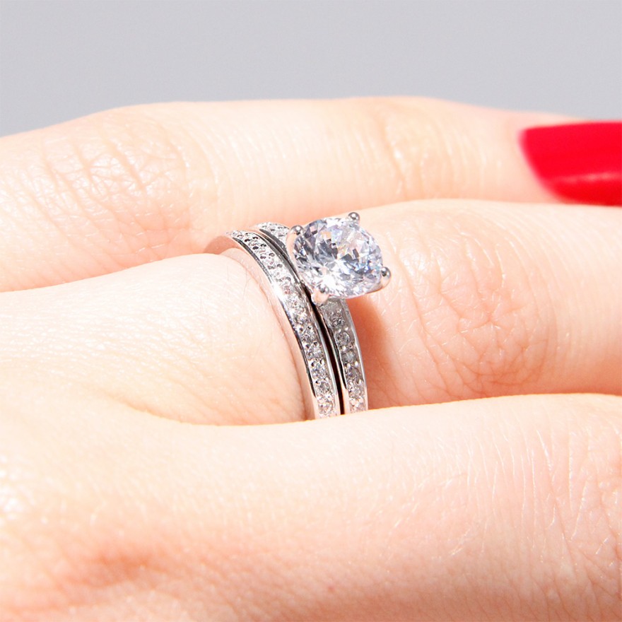 Sterling Silver Square Center CZ Bridal Ring Set SBGR00212