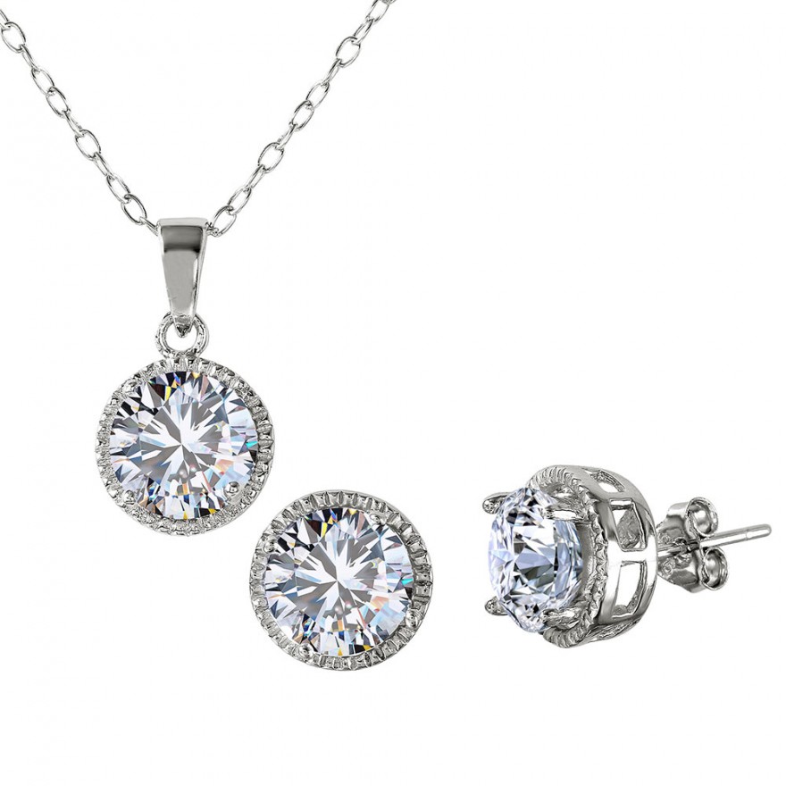 Sterling Silver Round Micro Pave CZ Stud Earring and Necklace Set SSTS00484