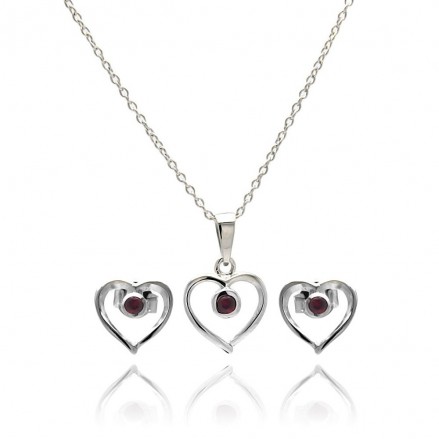 Sterling Silver Open Red Heart Stud Earring and Necklace Set SSTS00416